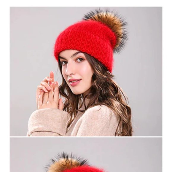 Accessories | Rich Angora Wool Real Raccoon Fur Pom Pom Hat | Poshmark